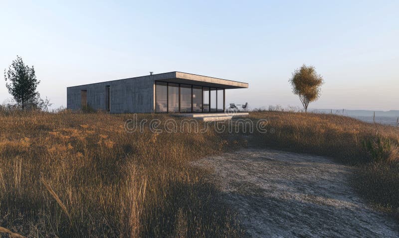 A Twilight 3D Rendering of a Modern Home by the River. Stock ...