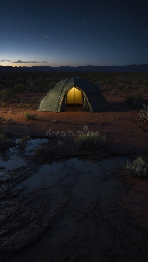 Twilight Desert Camping Scene with Open Tent Stock Illustration ...
