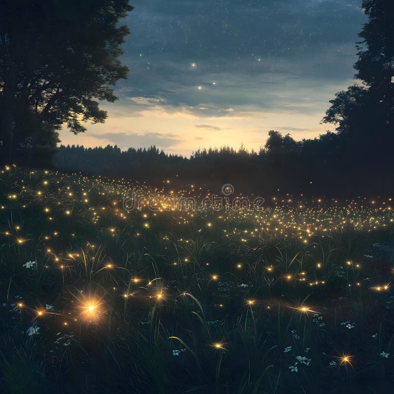 Twilight Field Glowing with Countless Fireflies Creating Magical ...