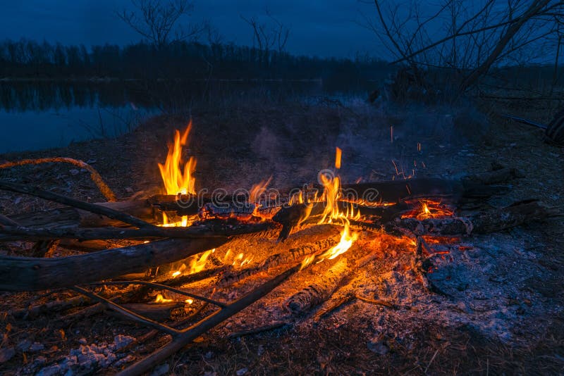 Twilight Fire Bonfire. Inviting Campfire at Camping in Night Stock ...