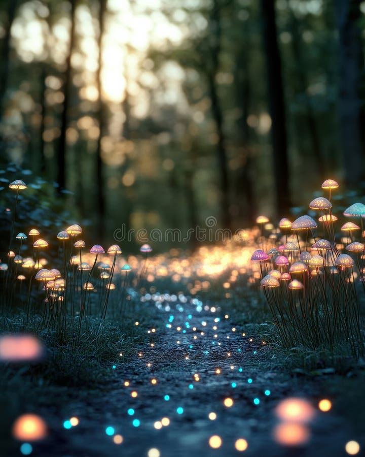 Forest Clearing with Colorful Bioluminescent Mushrooms Illuminating the ...