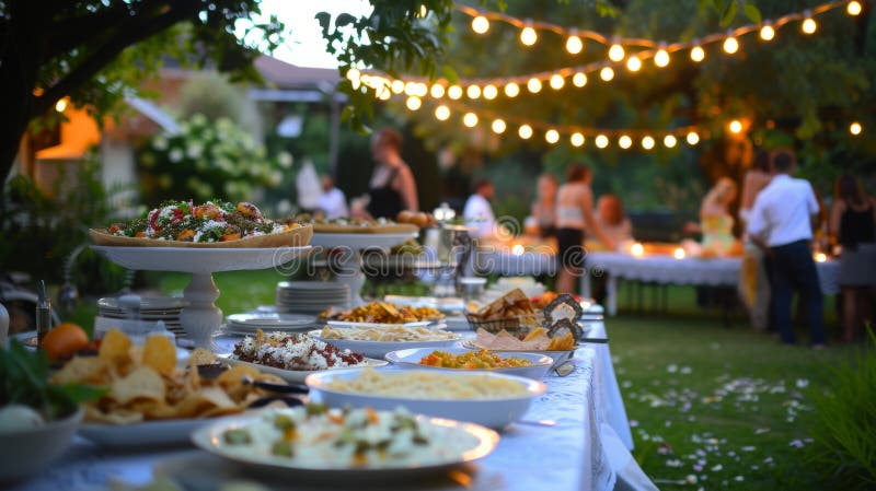 Twilight Garden Party Buffet Spread with String Lights and Guests Stock ...