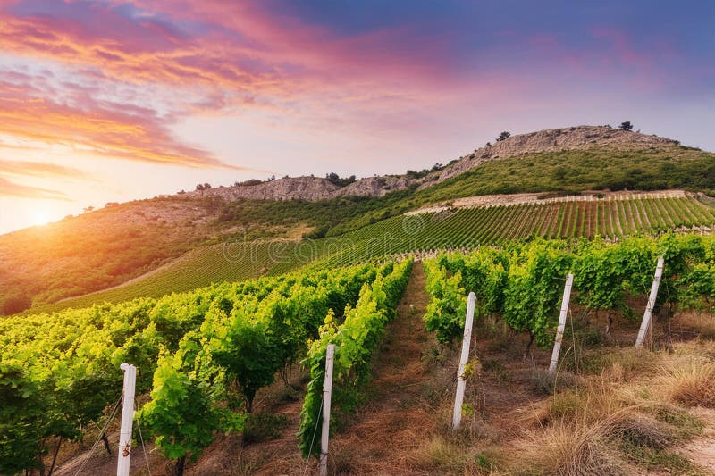Twilight Grape Terraces. Lush Vines on Rolling Hills Stock Photo ...