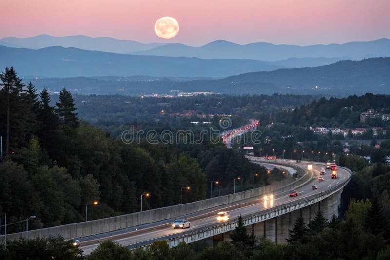 Twilight Highway with Ecoduct and Rising Full Moon Stock Illustration ...