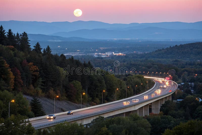 Twilight Highway with Ecoduct and Rising Full Moon Stock Illustration ...