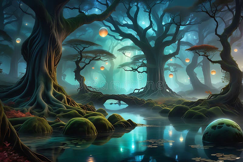 Twilight Hues Casting Over a Mythical Forest - Ancient Trees with Sprawling Roots and ...