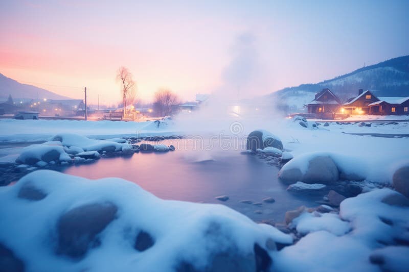 Twilight Hues Over Steamy Hot Spring in Snowscape Stock Image - Image ...