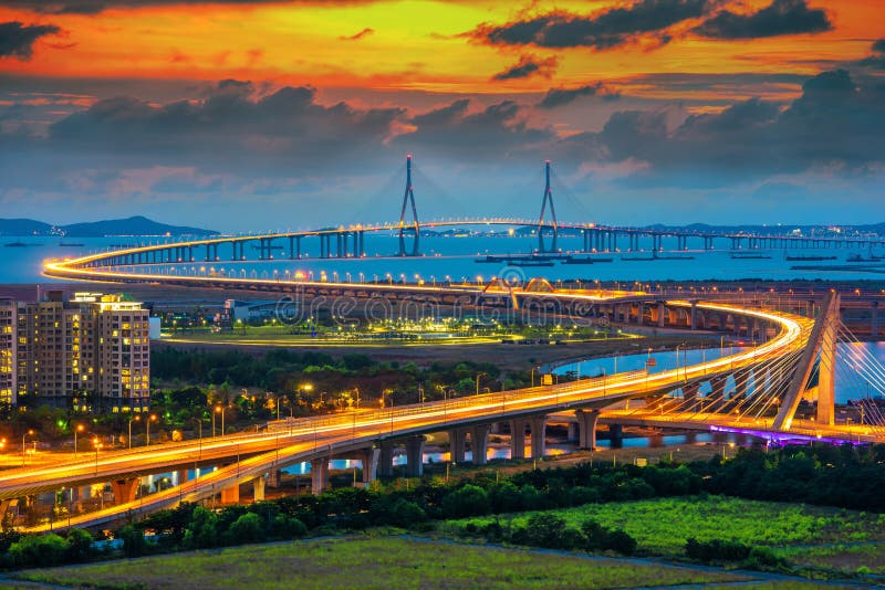 Twilight Incheon Bridge in South Korea Stock Photo - Image of evening ...