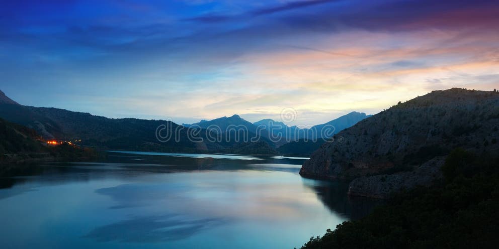 Twilight Landscape with Lake Stock Illustration - Illustration of ...