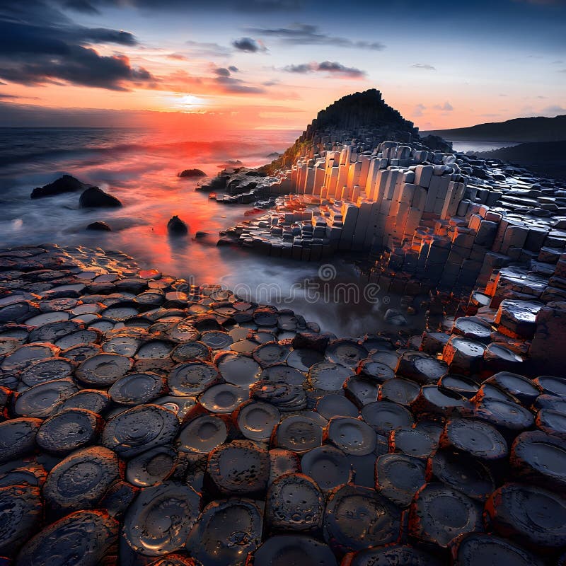 Twilight Magic: the Golden Basalt Columns of Giantâ€™s Causeway Stock Image - Image of landscape ...