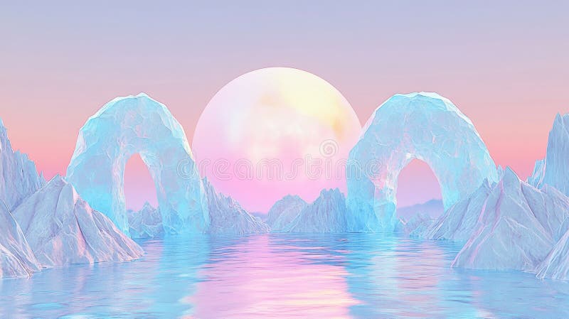 Twilight Mirroring of Alien Arch Structures in Serene Water Stock Image ...