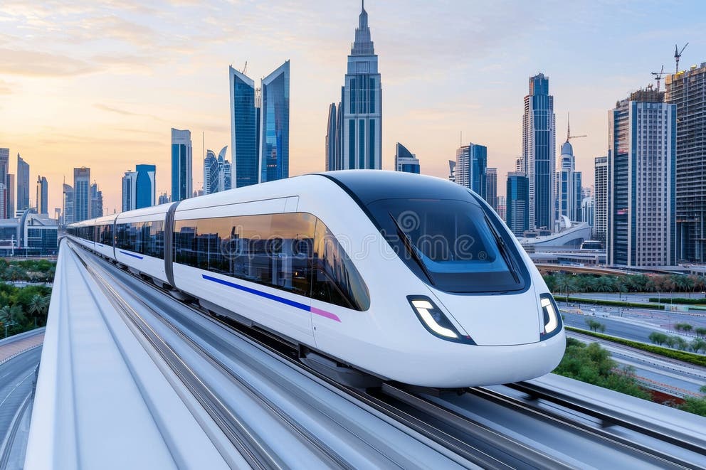 Twilight in a Modern City with a Futuristic Hyperloop Train Transport ...