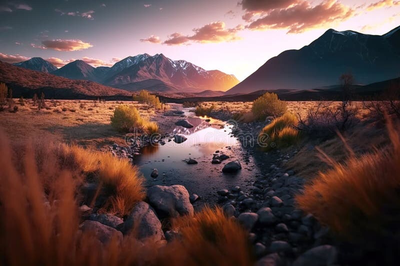 Twilight by the Mountains. Amazing Landscape View Stock Illustration ...