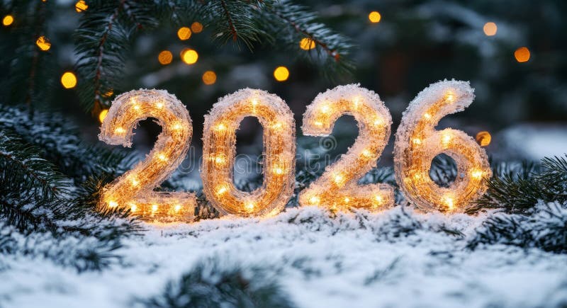 In the Twilight, the 2026 Numbers Illuminate a Snow-covered Scene Stock ...