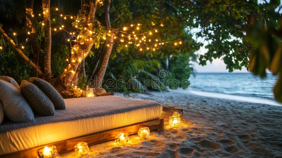 Twilight, Ocean View, String Lights, and a Romantic Beach Bed Create the Perfect Honeymoon ...