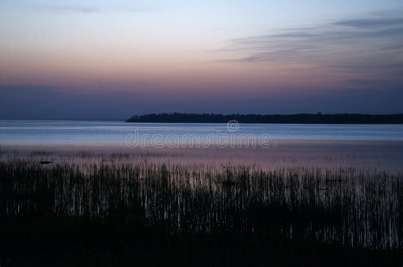 Twilight over the water. stock image. Image of grass - 141824685