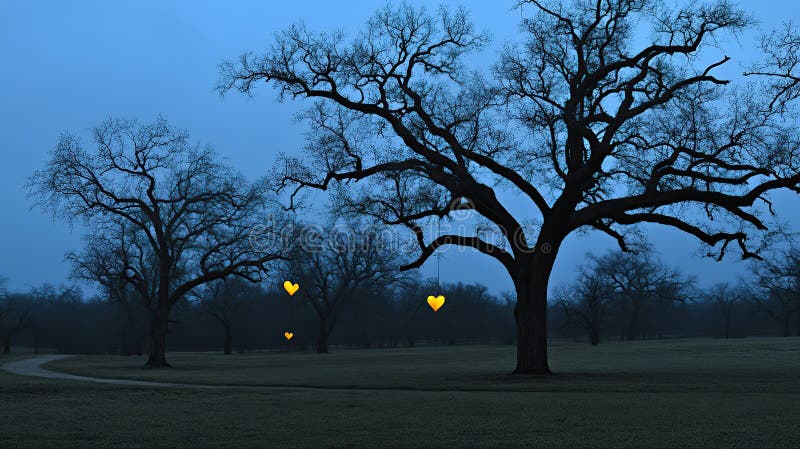 Twilight Park, Glowing Hearts on Trees, Romantic Scene Stock Image ...