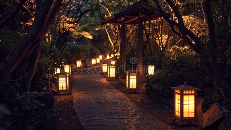 Twilight Pathway in Traditional Japanese Garden with Illuminated ...