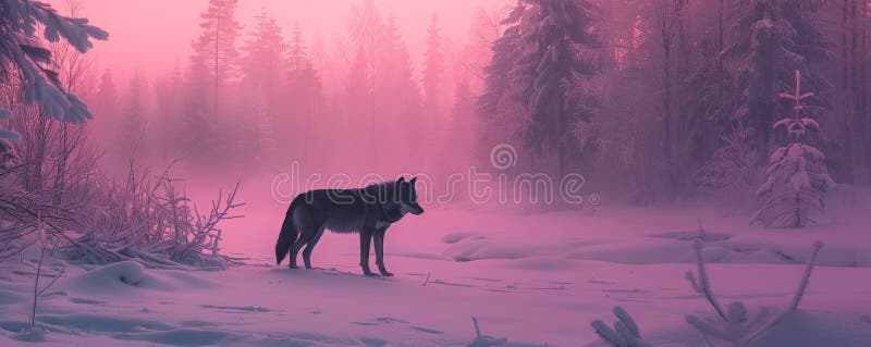Twilight in the Pink Snow Forest a Lone Wolfs Silhouette Against the ...