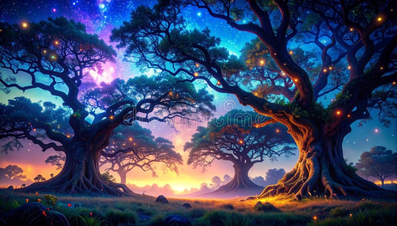 The Twilight Realm of Ancient Trees Stock Illustration - Illustration ...