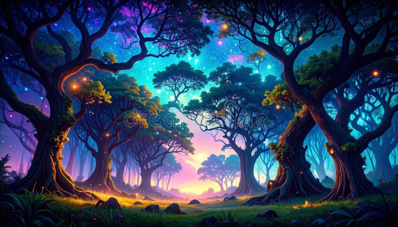 The Twilight Realm of Ancient Trees Stock Illustration - Illustration ...