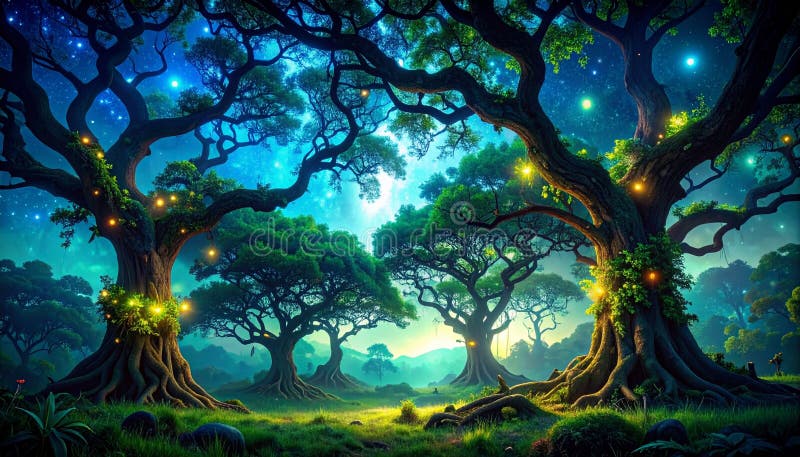 The Twilight Realm of Ancient Trees Stock Illustration - Illustration ...