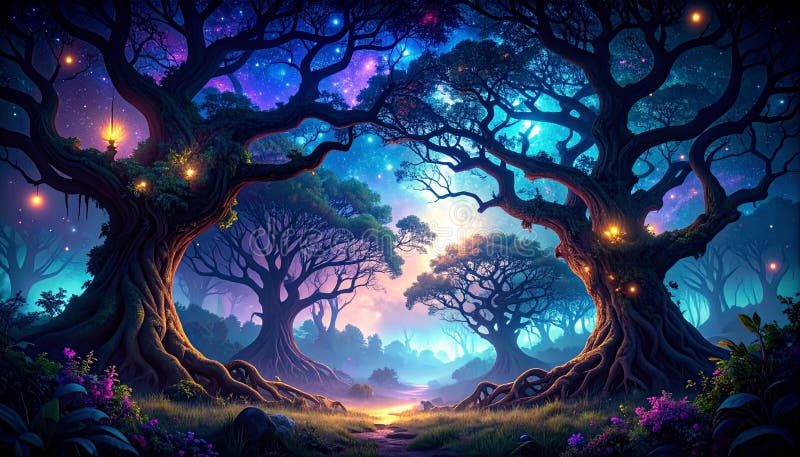 The Twilight Realm of Ancient Trees Stock Illustration - Illustration ...