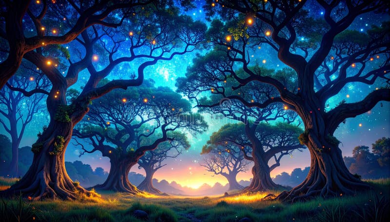 The Twilight Realm of Ancient Trees Stock Illustration - Illustration ...