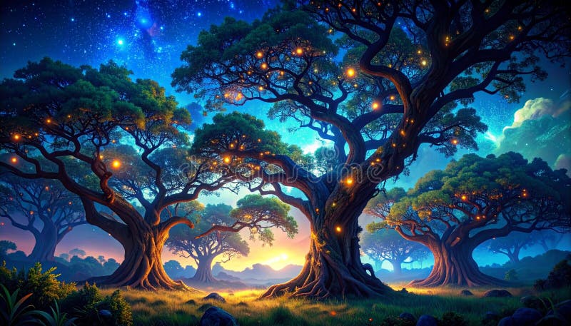 The Twilight Realm of Ancient Trees Stock Illustration - Illustration ...
