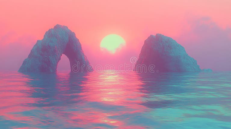 Twilight Reflections of Alien Arch Structures in Calm Water Stock Image ...