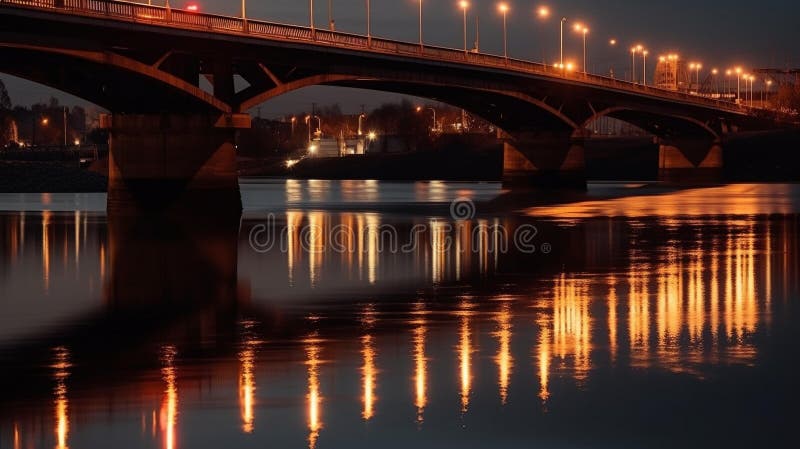 Twilight Reflections on Bridge Over River Stock Illustration ...