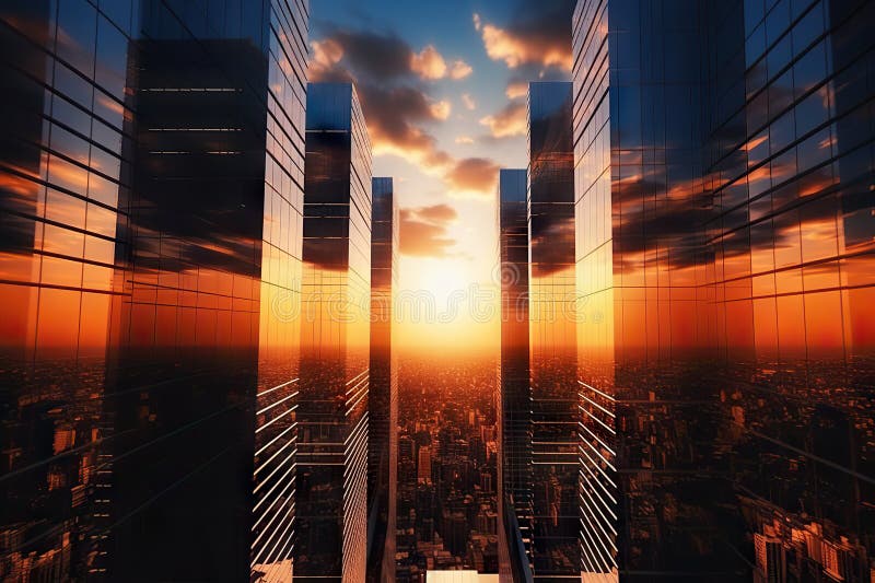 Twilight Reflections Business Office Buildings in the Evening Glow ...