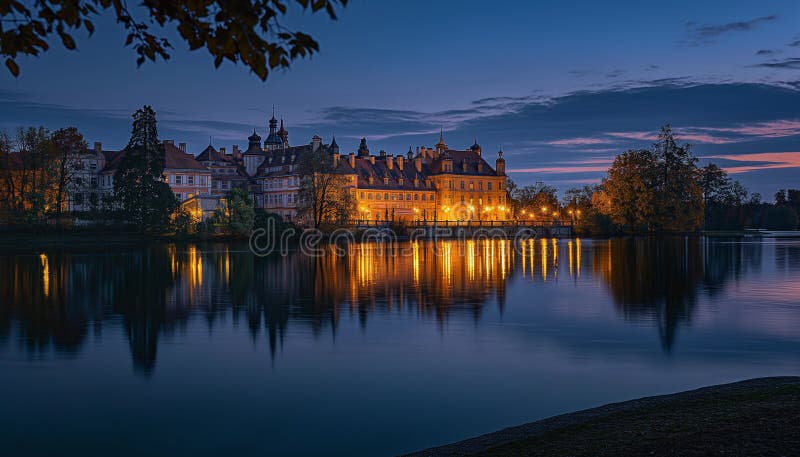 Twilight Reflections of a Lit Historical Palace on the River Stock ...
