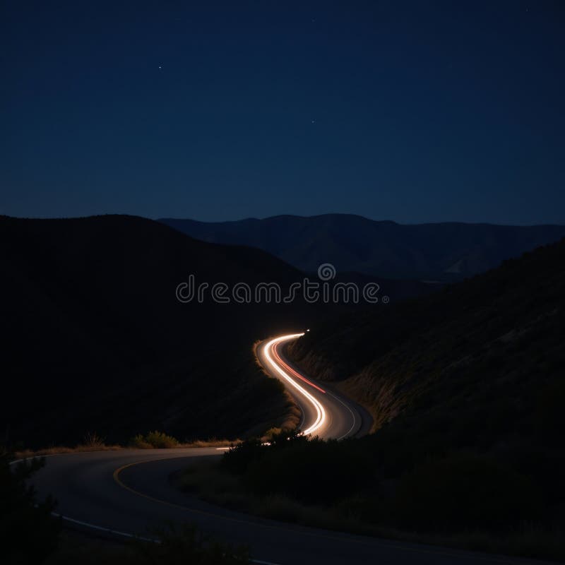 A Twilight Road with Headlightlit Curves Set Amidst a Starry Night Sky ...