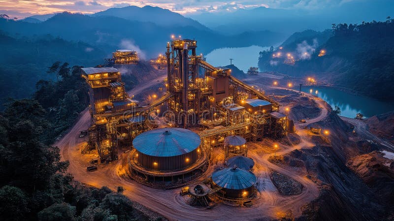 Dusk at the Industrial Mining Complex in a Mountainous Region Stock ...