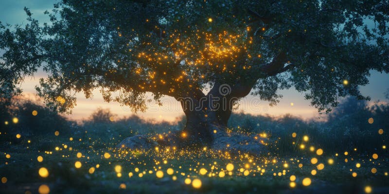 A Twilight Scene with Fireflies Dancing Around an Old Tree ...