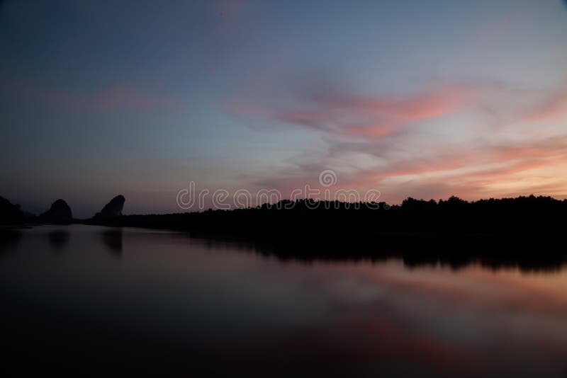 Twilight ,Sea ,Tree, the Dawn Sun . Overcast. Stock Image - Image of ...