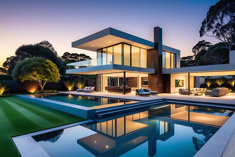 Twilight Settling Over A Modern Real Estate Showcase Angular Architecture Highlighted By The