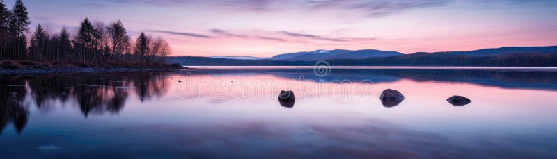 Twilight Sky Reflectinga Calm Blurry Lake Banner Background. Generative ...