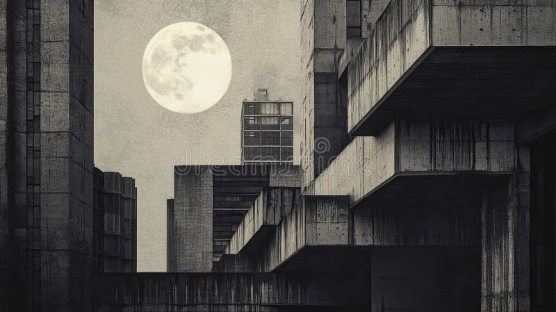 Twilight Skyline with Moonlight Illuminating Neo Brutalist Architecture ...