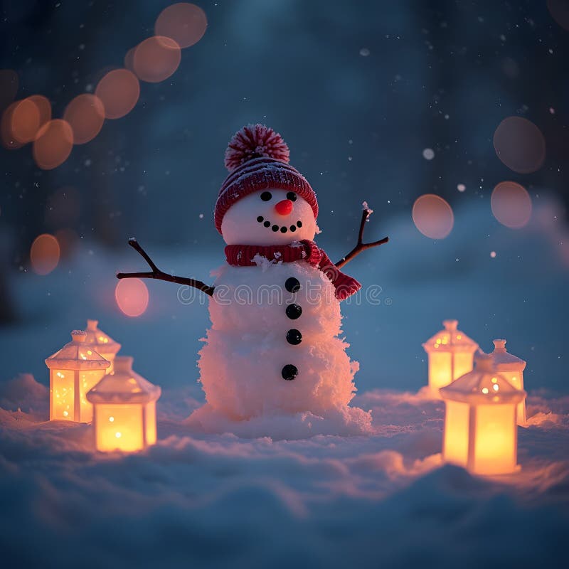 Twilight Snowman Surrounded by Soft Glowing Lanterns Stock Image ...