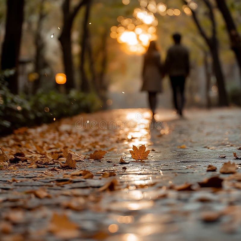 Twilight Stroll: a Romantic Encounter Amidst Falling Petals and Stock ...