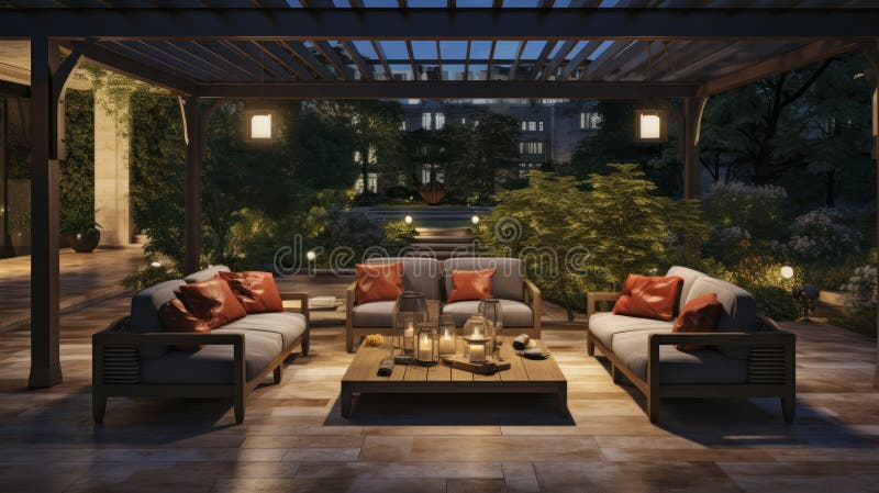 Twilight Tranquility: a Chic Patio Oasis with a Lush Garden Night View ...