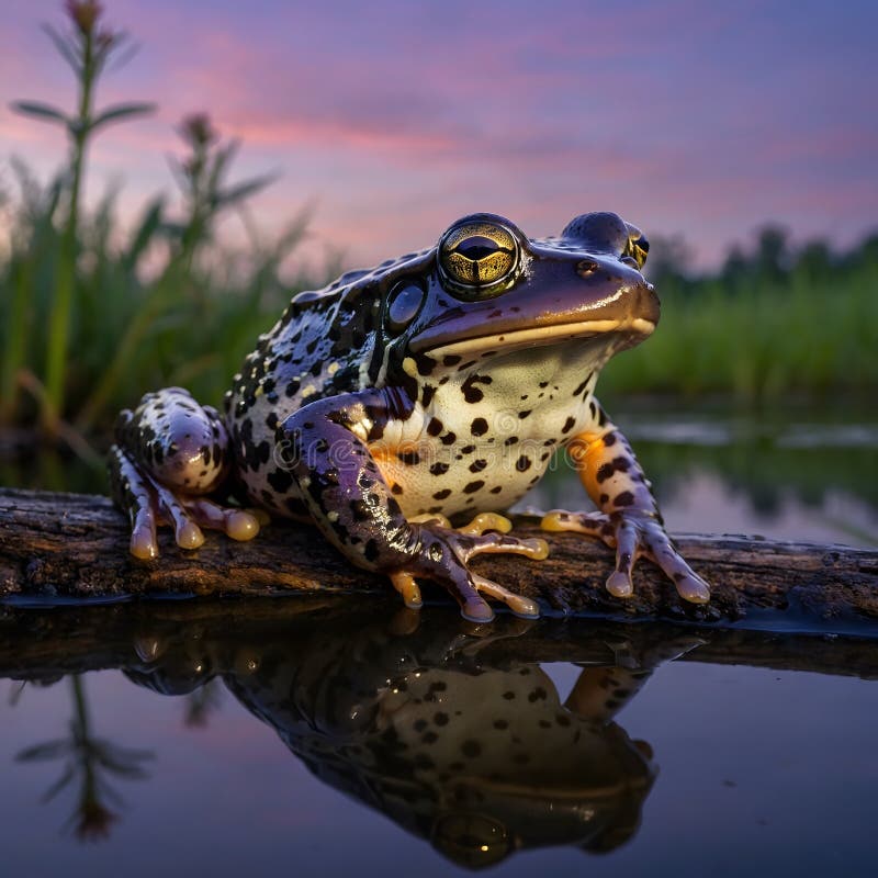 Twilight Tranquility: Oregon Spotted Frog by the Pond at Dusk Stock ...