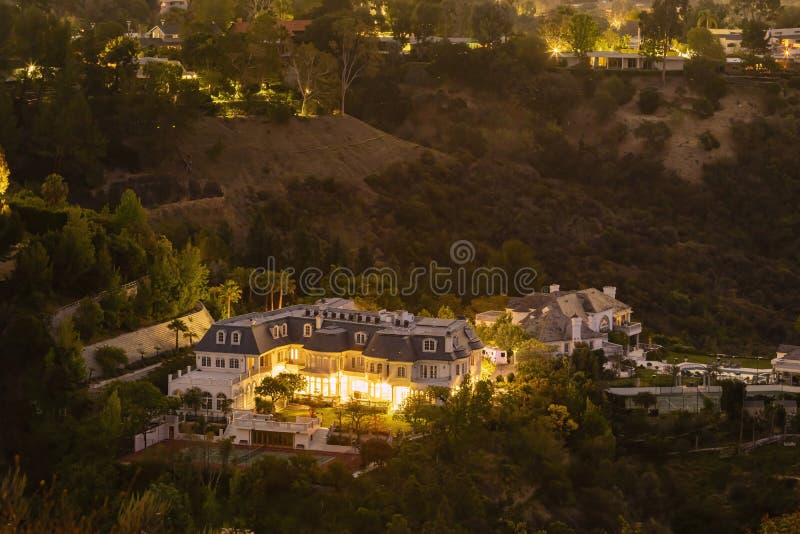 Twilight View of a Beautiful Mansion from Getty View Park Stock Image ...