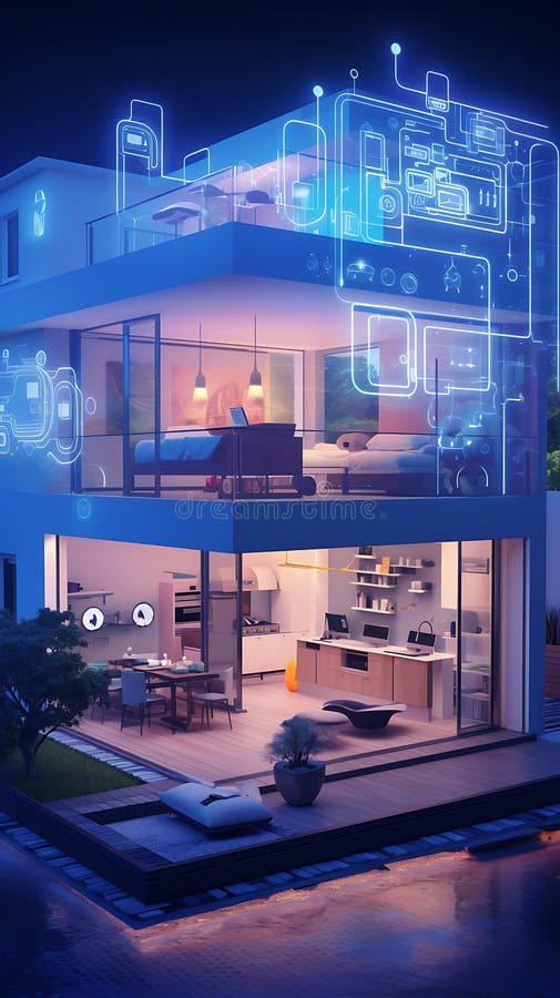 Twilight View of a High-tech Smart Home with Interactive Interfaces ...