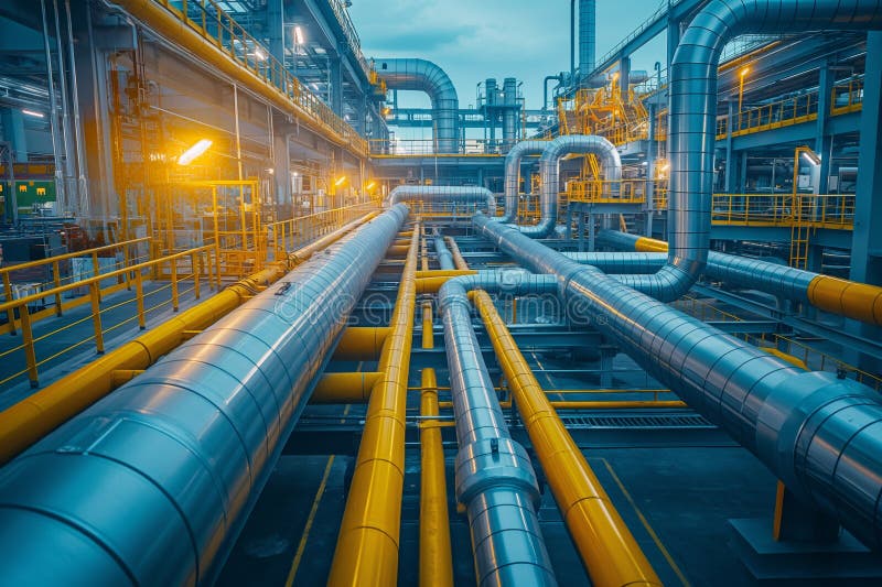 Complex Network of Yellow Pipes at Dusk Stock Image - Image of pipeline ...