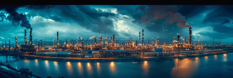 Twilight View of Massive Oil Refinery Industrial Plant with Advanced ...