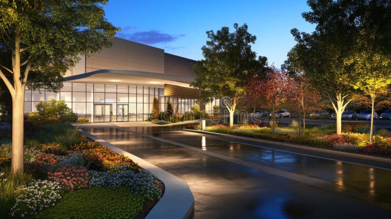 Twilight View of a Modern Office Building Made of Glass and Concrete ...