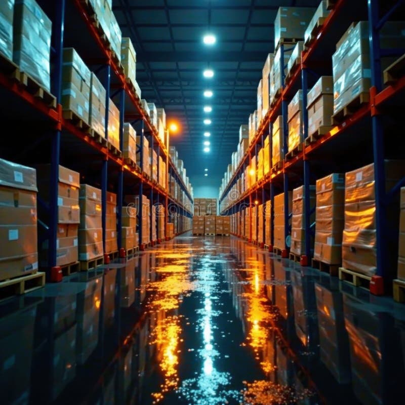Twilight Warehouse Loading; Rain Slicked Boxes Gleam Under Lights ...